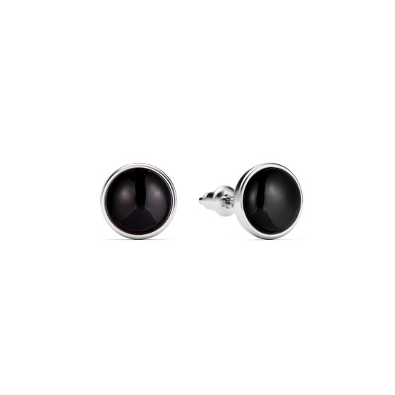 Round Petite Cabochon Black Onyx Stud Earrings Rhodium Plated Onyx Earrings
